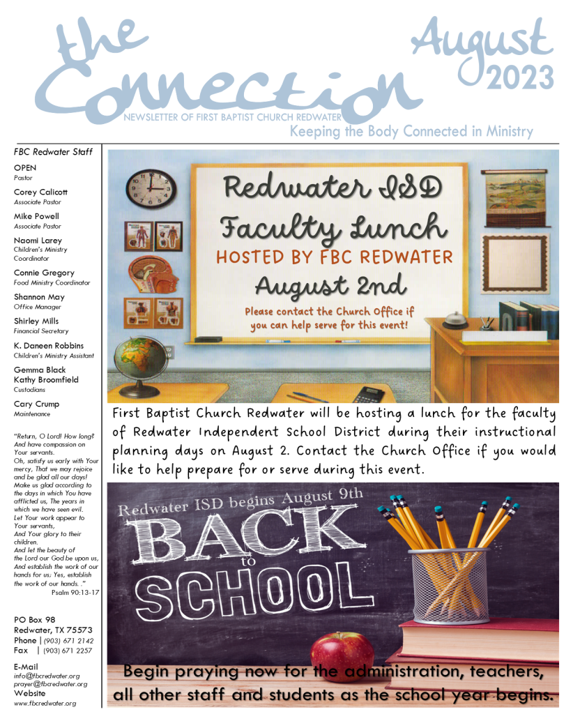 The Connection: August 2023 | First Baptist Church, Redwater Texas